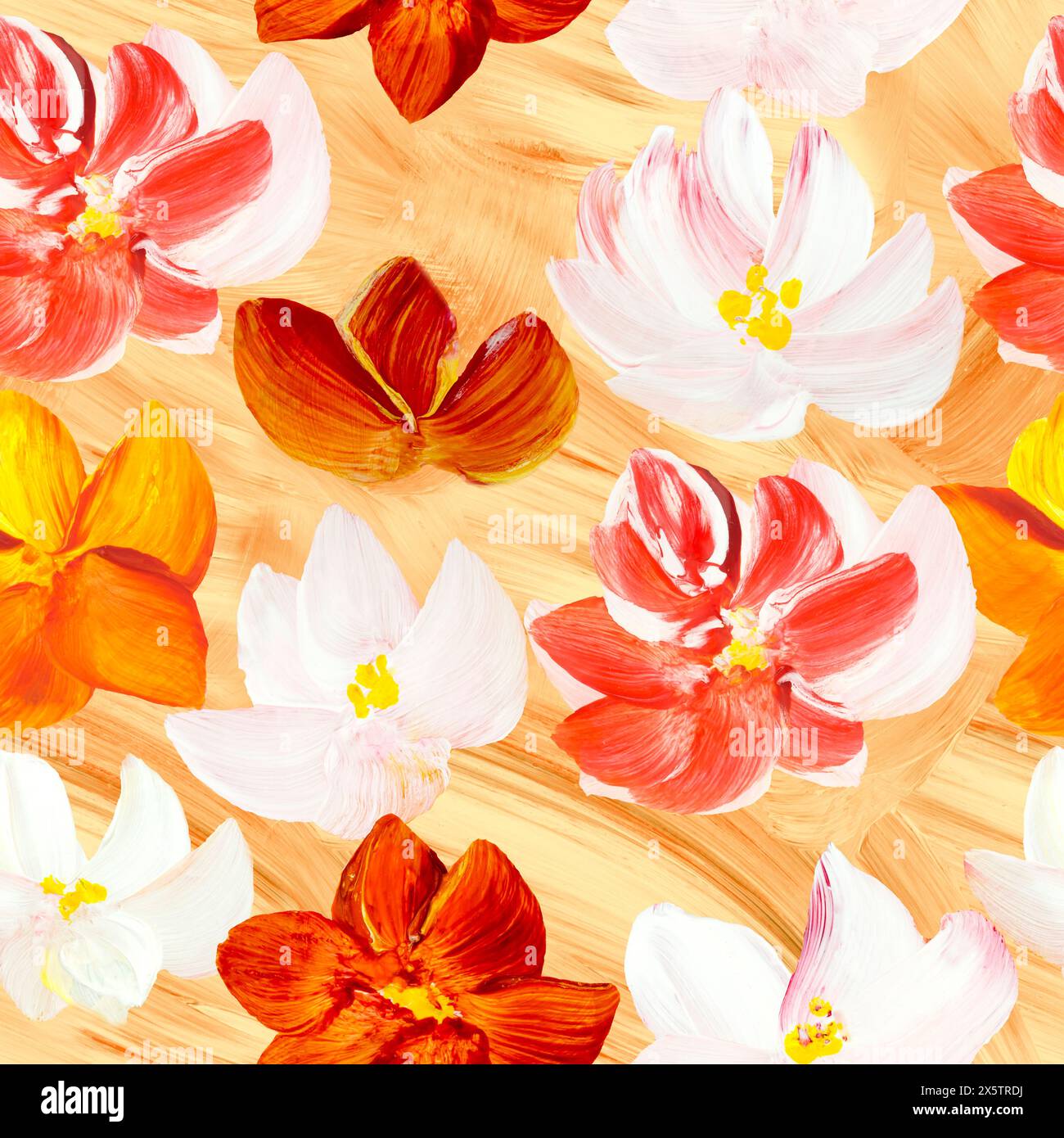 Seamless pattern of abstract red and white flowers. Original hand drawn ...