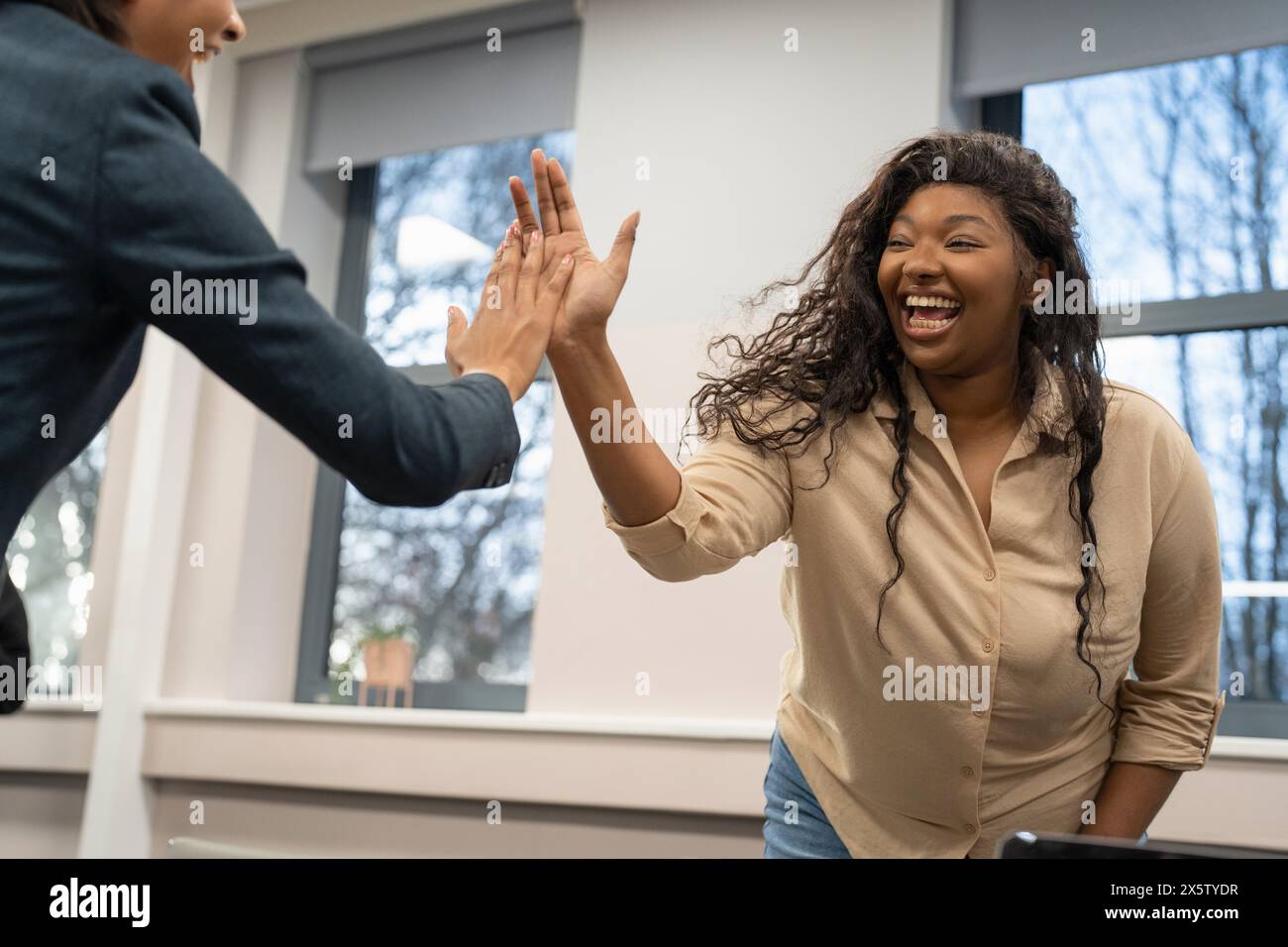 Businesswomen high fiving in office Stock Photo - Alamy