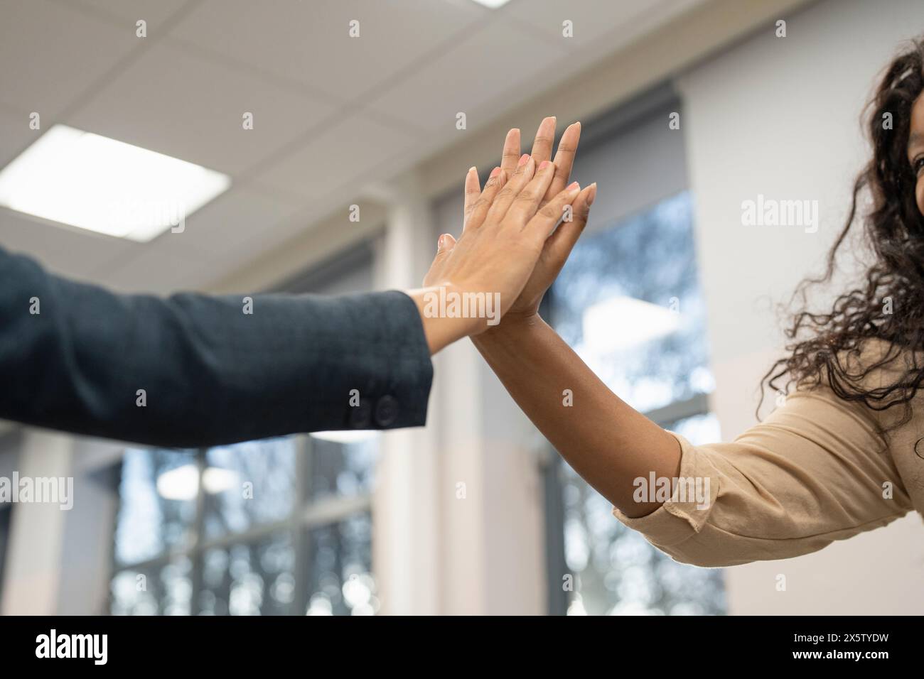 Businesswomen high fiving in office Stock Photo - Alamy