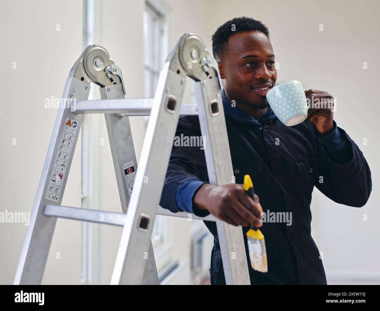 Man with ladder in loft apartment Stock Photo - Alamy