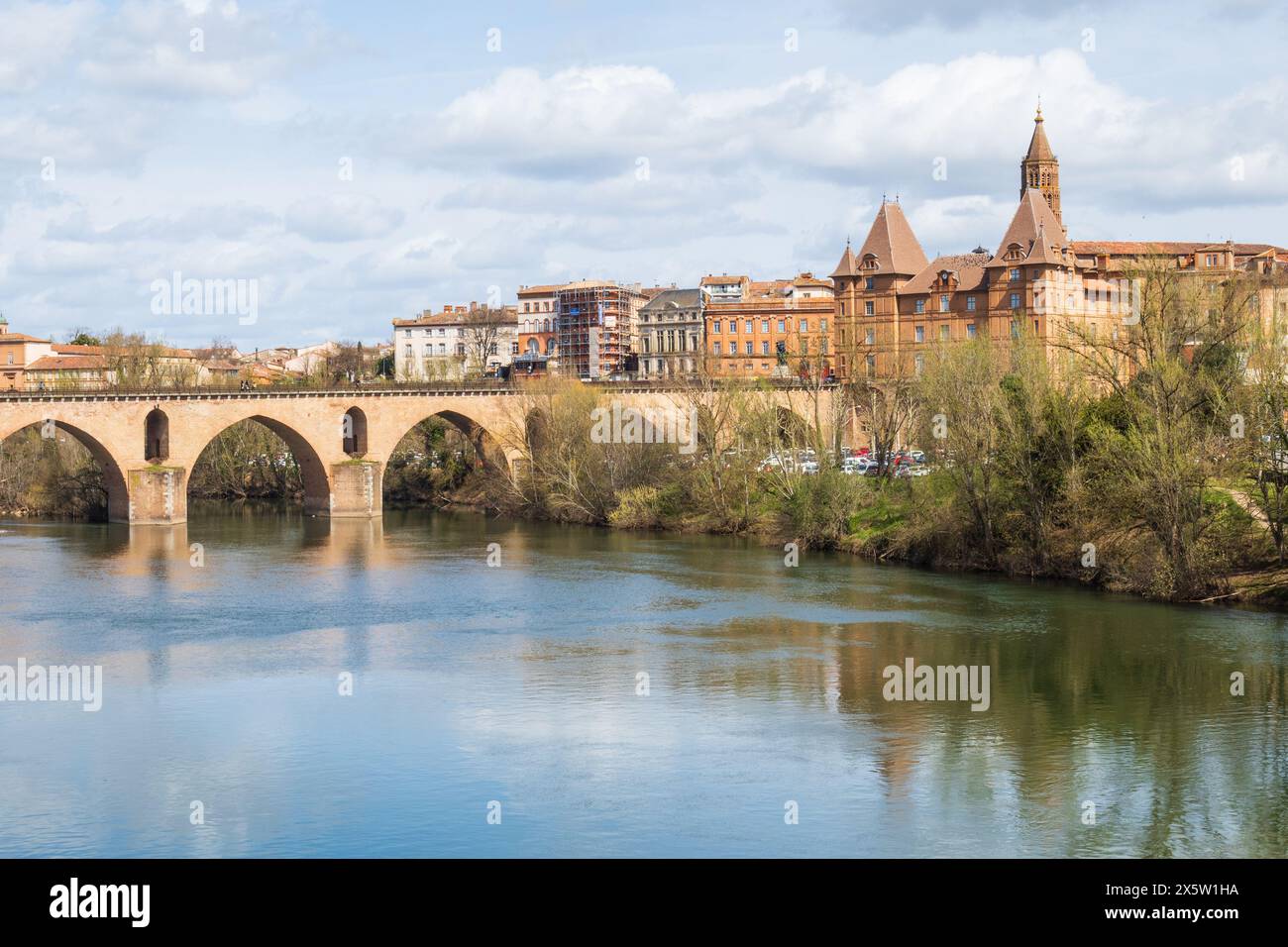 View at the Tarn river with old bridge in Montauban, France Stock Photo ...