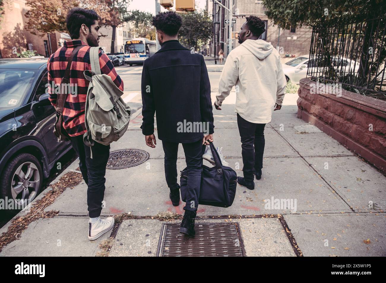 USA, Pennsylvania, Philadelphia, Rear view of male friends walking on ...
