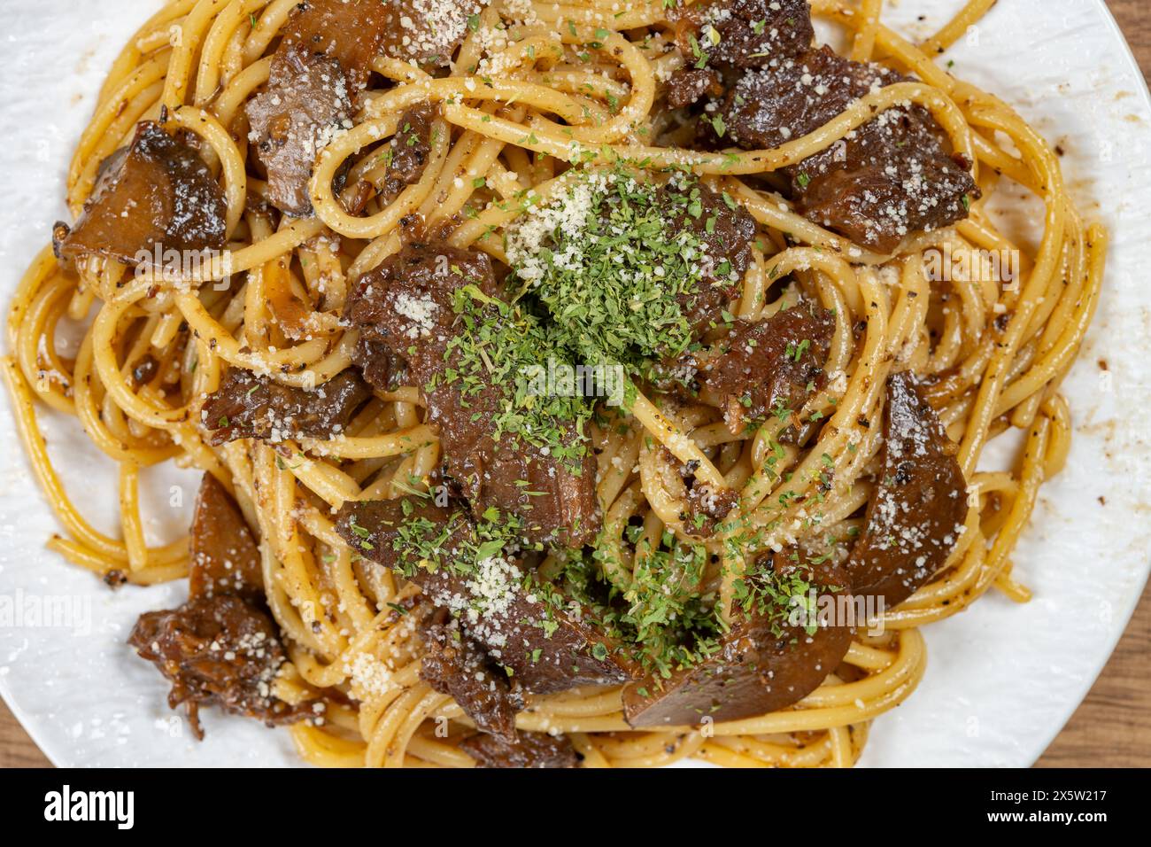 top view spaghetti with classic bolognese sauce at horizontal ...