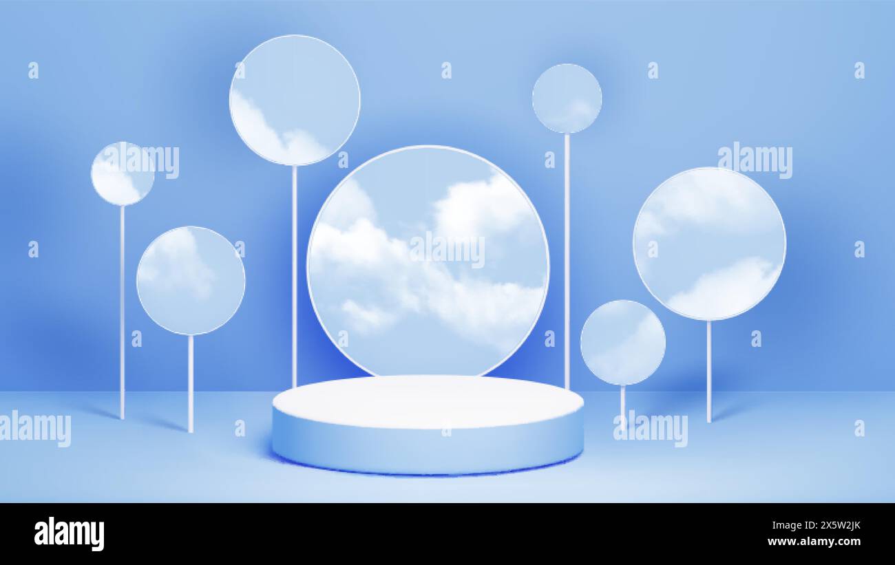 Cylinder product podium mockup with round mirrors or portals with ...