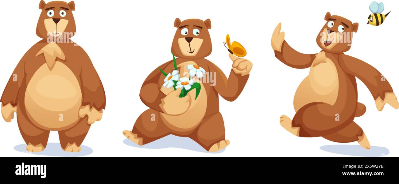 Funny bear characters set isolated on white background. Vector cartoon ...