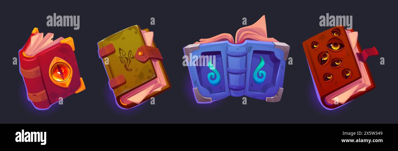 Old open magic book for fantasy game ui icon cartoon. Halloween wizard ...