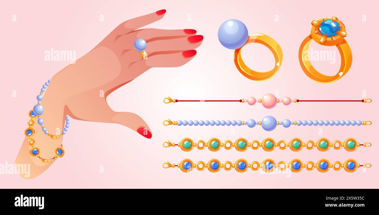 Bracelet or necklace with beads and rings with gemstones. Cartoon ...