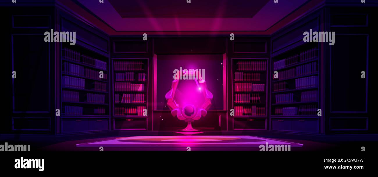 Magic mirror in library room. Fairy tale game interior background with ...