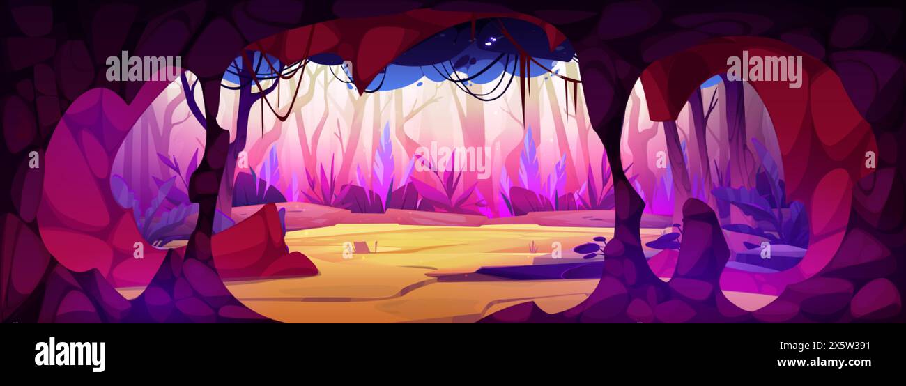 Magic forest landscape and fantasy tree cave view cartoon background ...