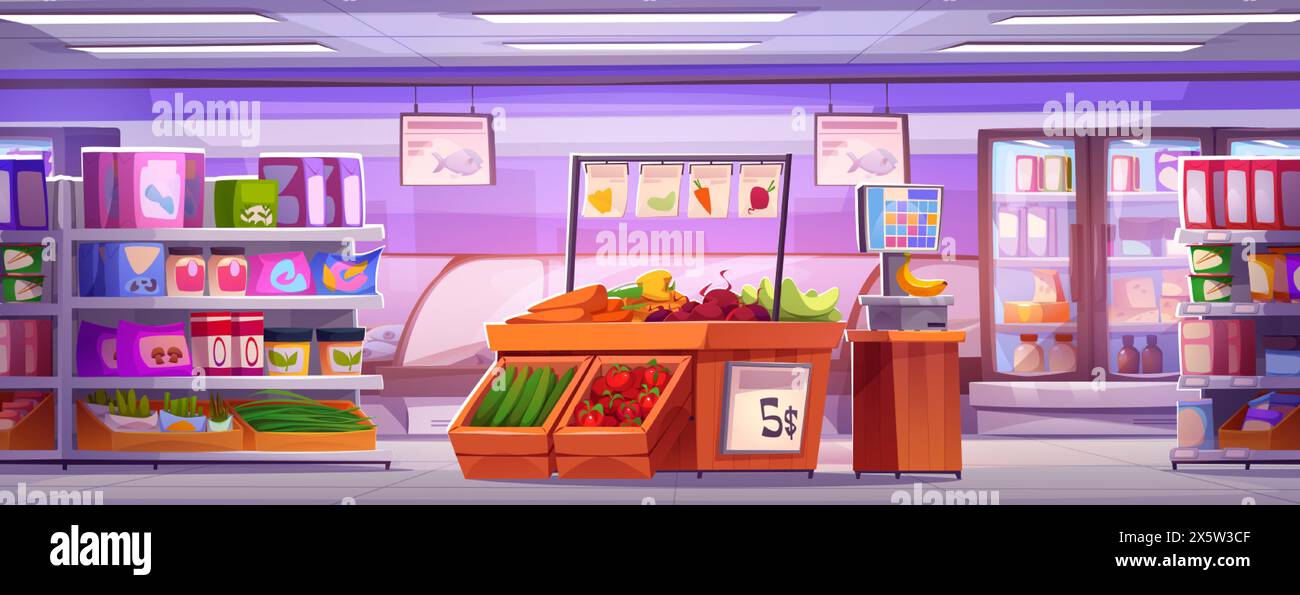 Supermarket interior with products in refrigerator and on shelves ...