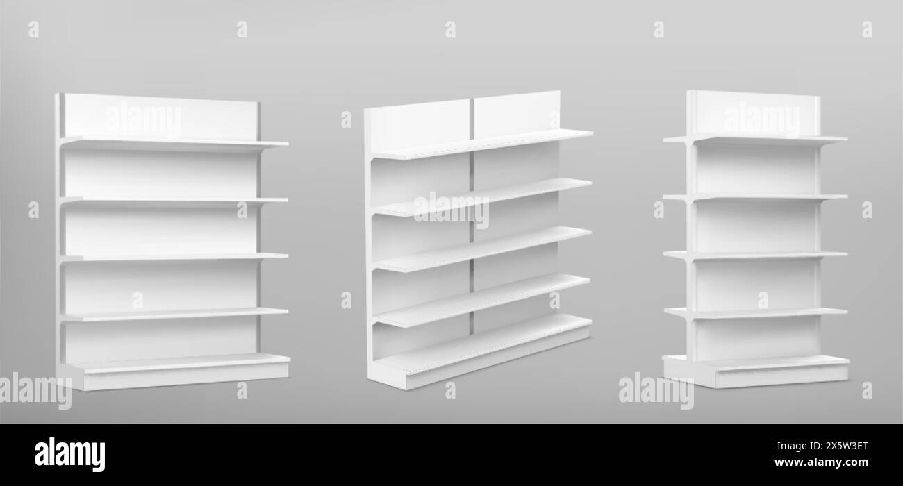 White empty supermarket shelf mockup with racks for product display ...