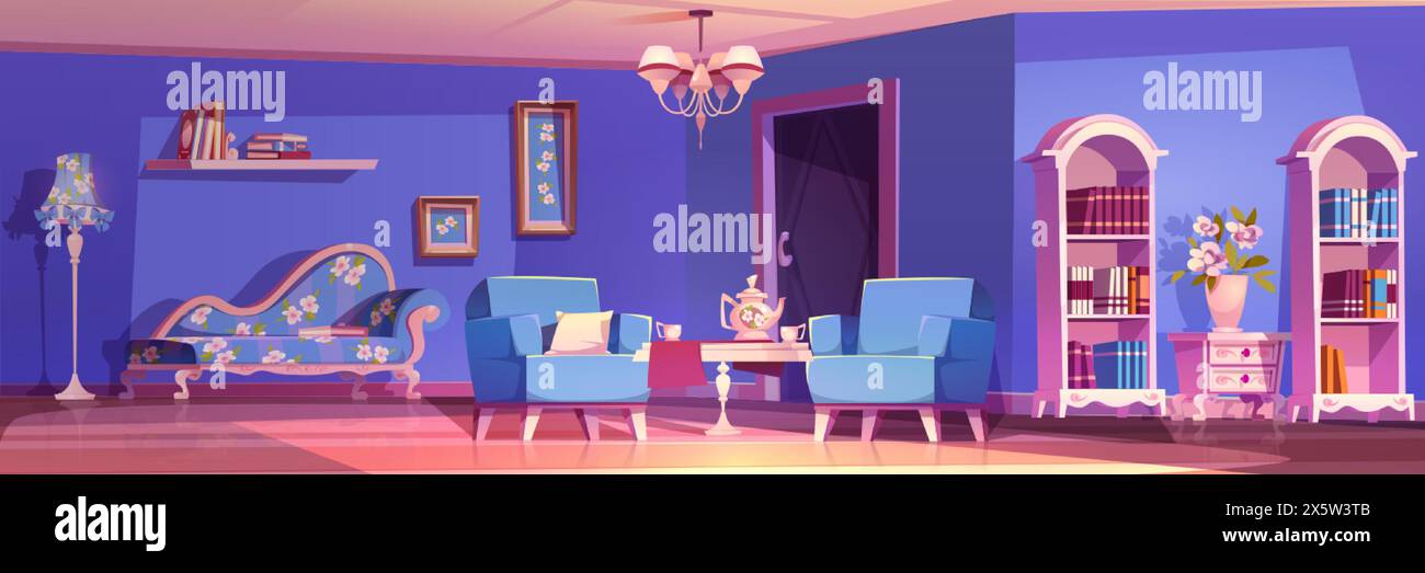 Blue princess room interior with castle furniture. Girly palace library ...