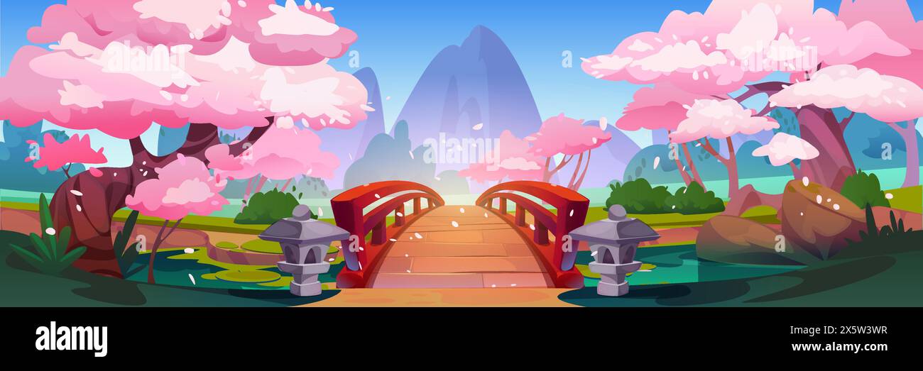 Japanese park with pink flowering sakura trees, bridge over pond or ...