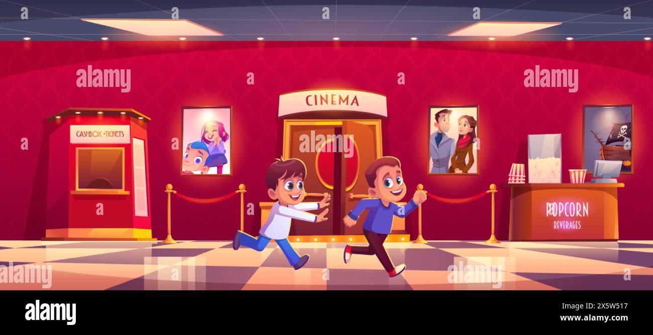 Cinema office and children run. Theatre hall door cartoon interior with ...