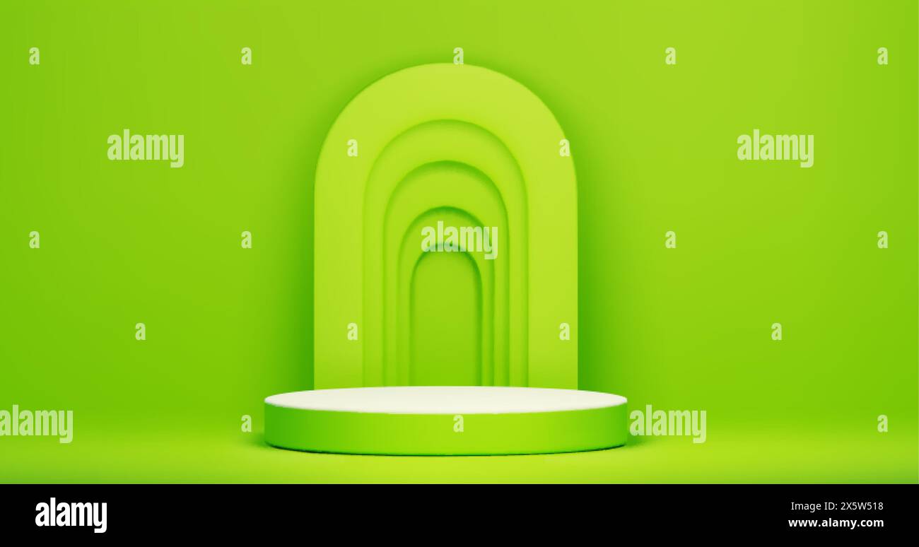 Podium on acid green background with arch design element. Vector realistic illustration of ...