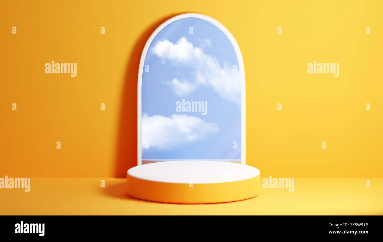 3d mirror product podium background with blue sky. Yellow display ...