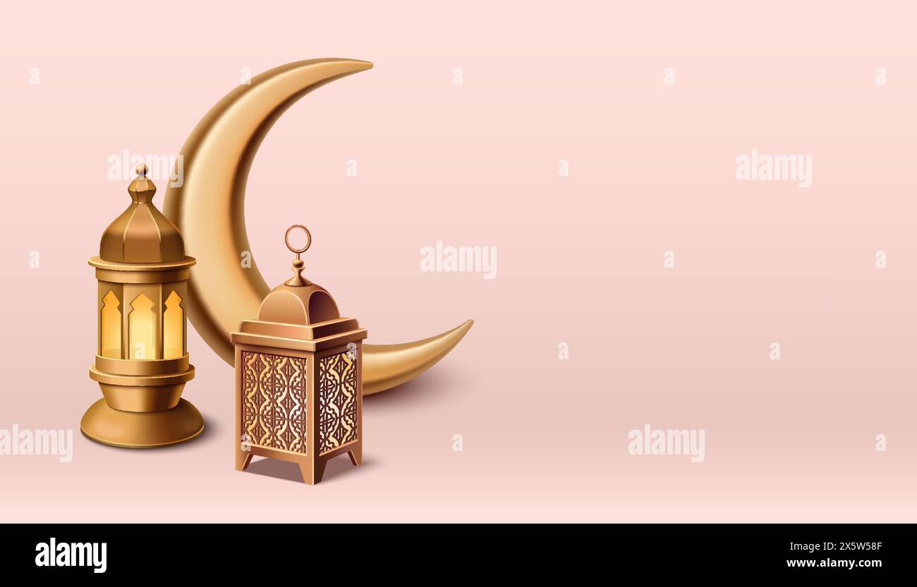Ramadan or Eid Mubarak congratulation banner with traditional golden ...