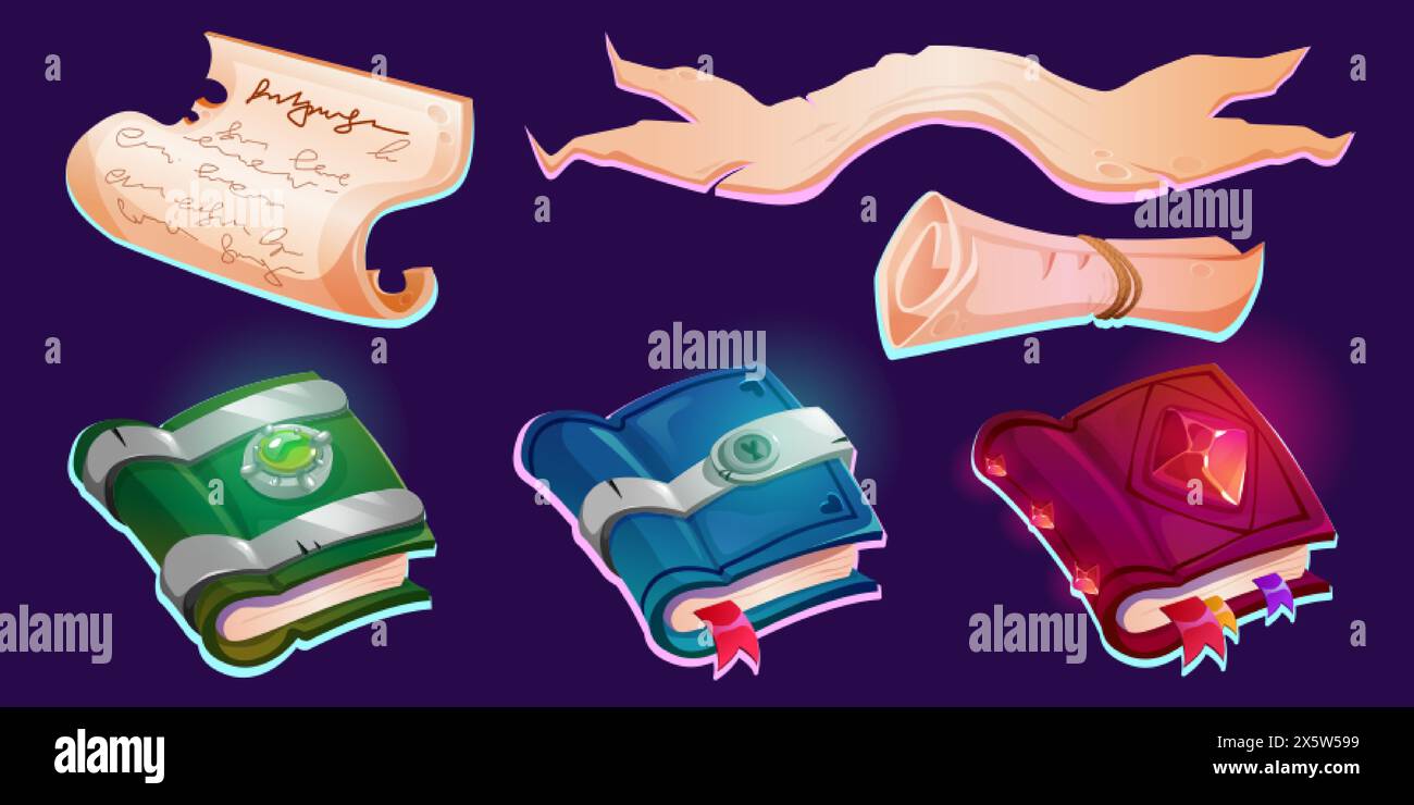 Old magic book with fantasy hardcover and parchment scroll for game ui ...