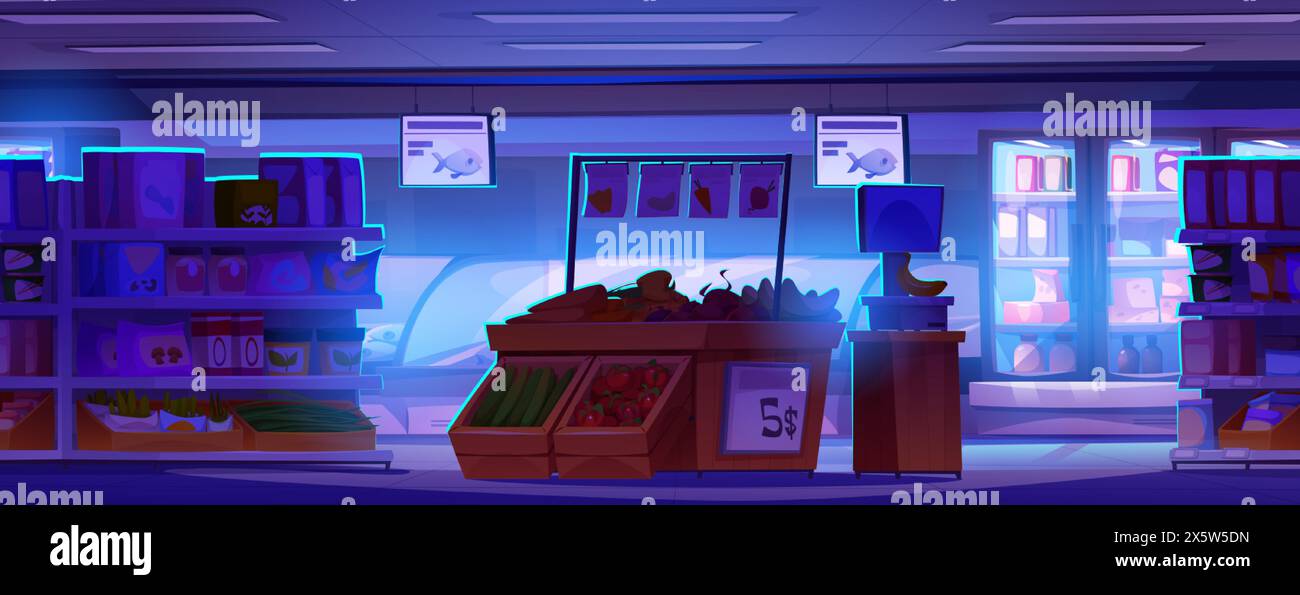 Night supermarket interior. Grocery shop inside vector background ...
