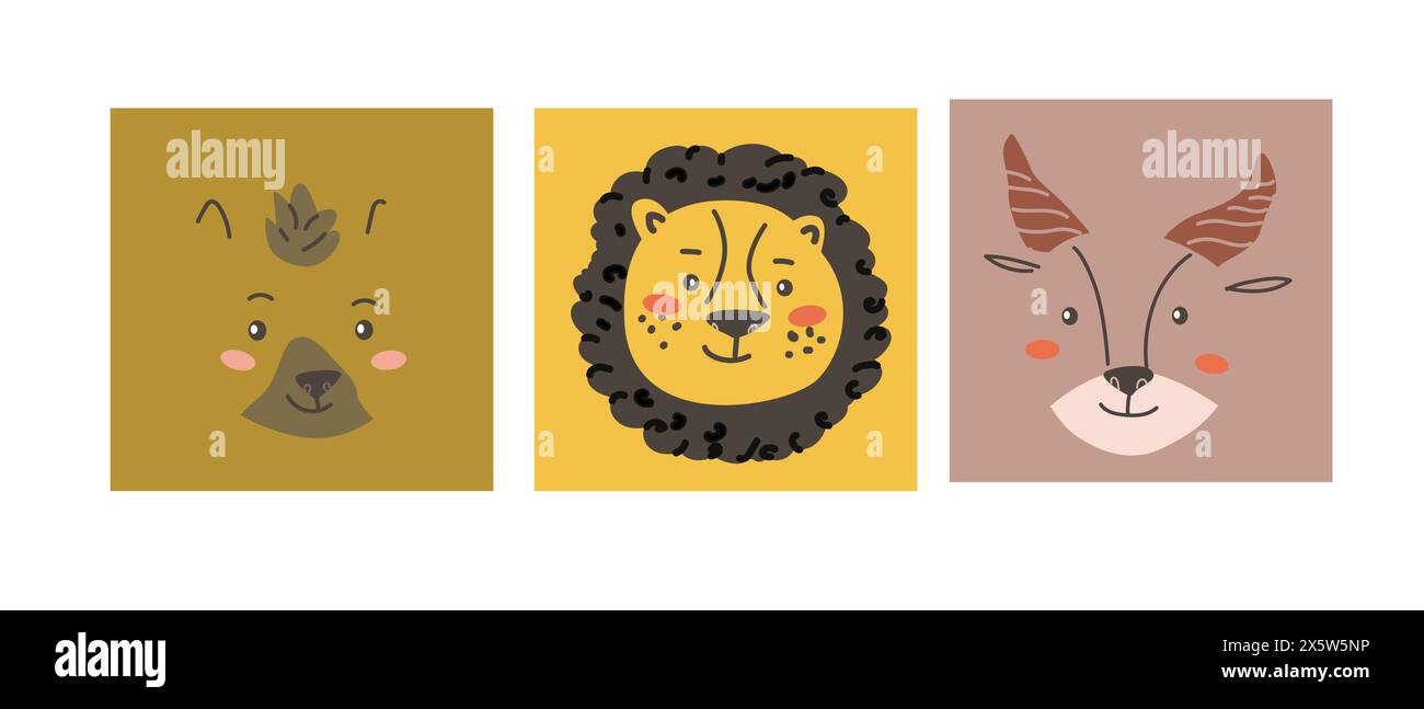 African animals faces set. Cute doodle animal portraits. Hand drawn ...