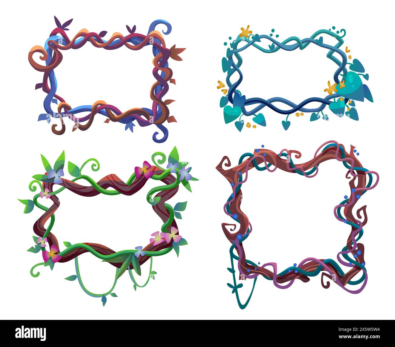 Frames made from liana vine with leaves and flowers. Cartoon vector set ...