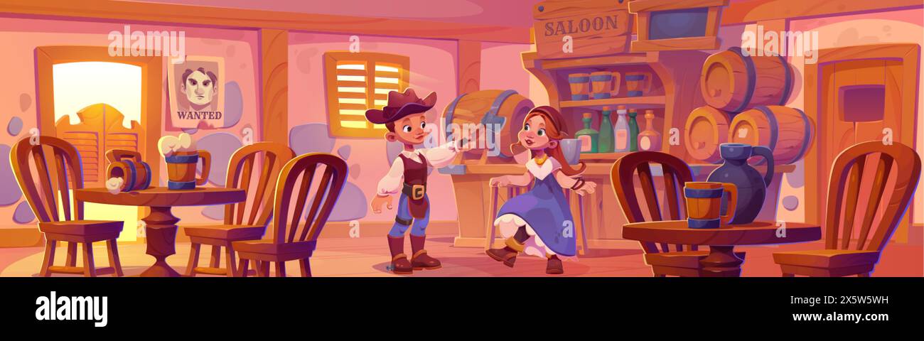 Western saloon interior with kids in costumes. Vector cartoon ...