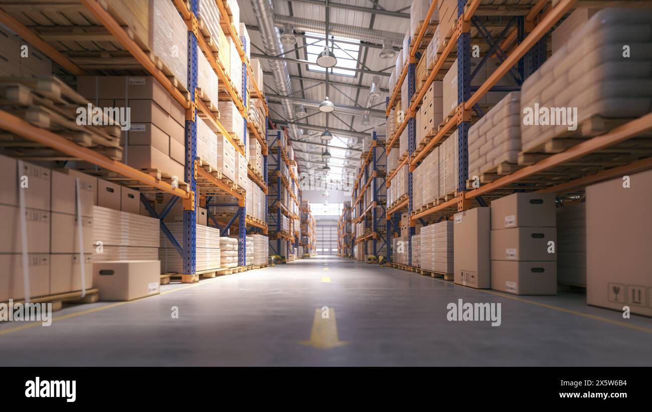Retail warehouse full of shelves with cardboard boxes and packages ...