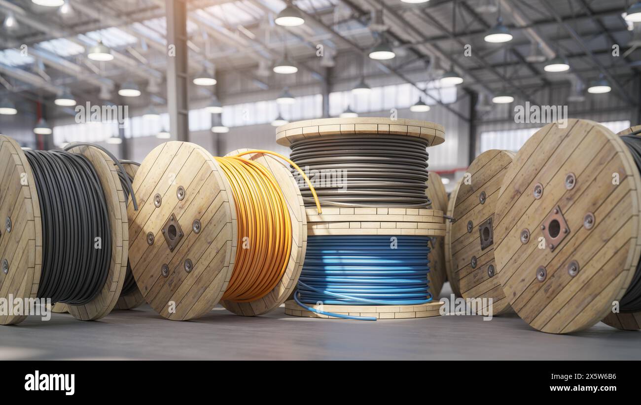 Wire electric cable on wooden coil or spool in warehouse. 3d ...