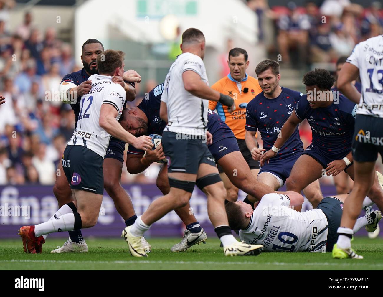 Bristol Bears' Ellis Genge is tackled by Saracens' Nick Tompkins during ...