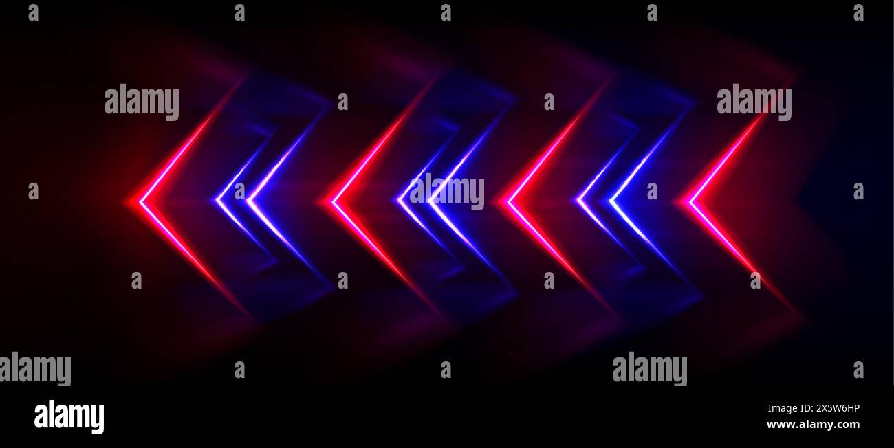 Abstract blue and red neon light arrow background. Digital tech line ...