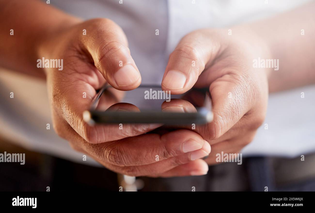 Hands, typing and person with phone for connection, social media or ...