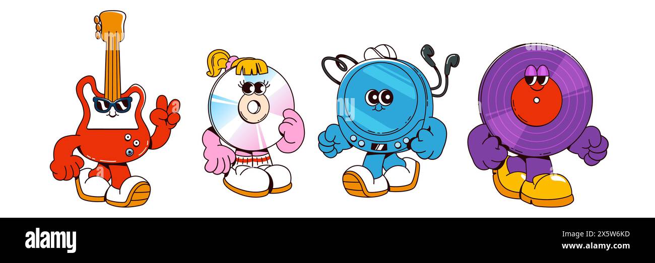 Music and disco party retro groovy cartoon characters. Vector ...