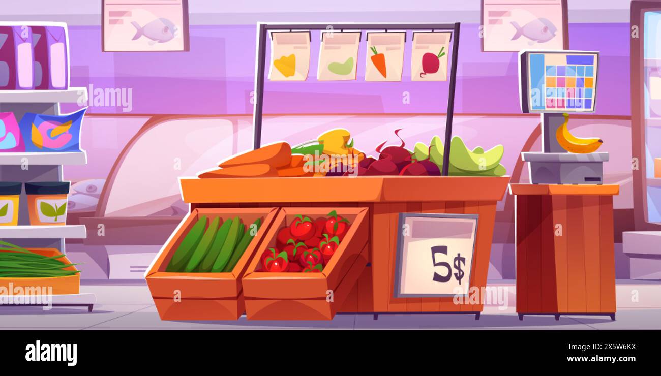 Supermarket interior design. Vector cartoon illustration of food store ...
