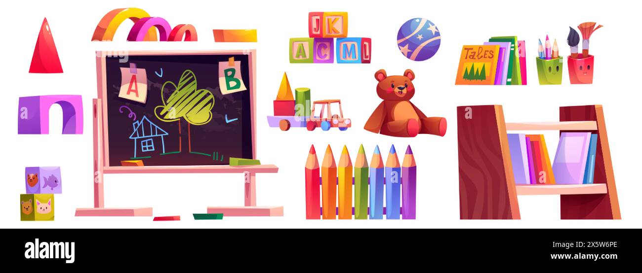 Preschool classroom for kid. Kindergarten room furniture vector ...