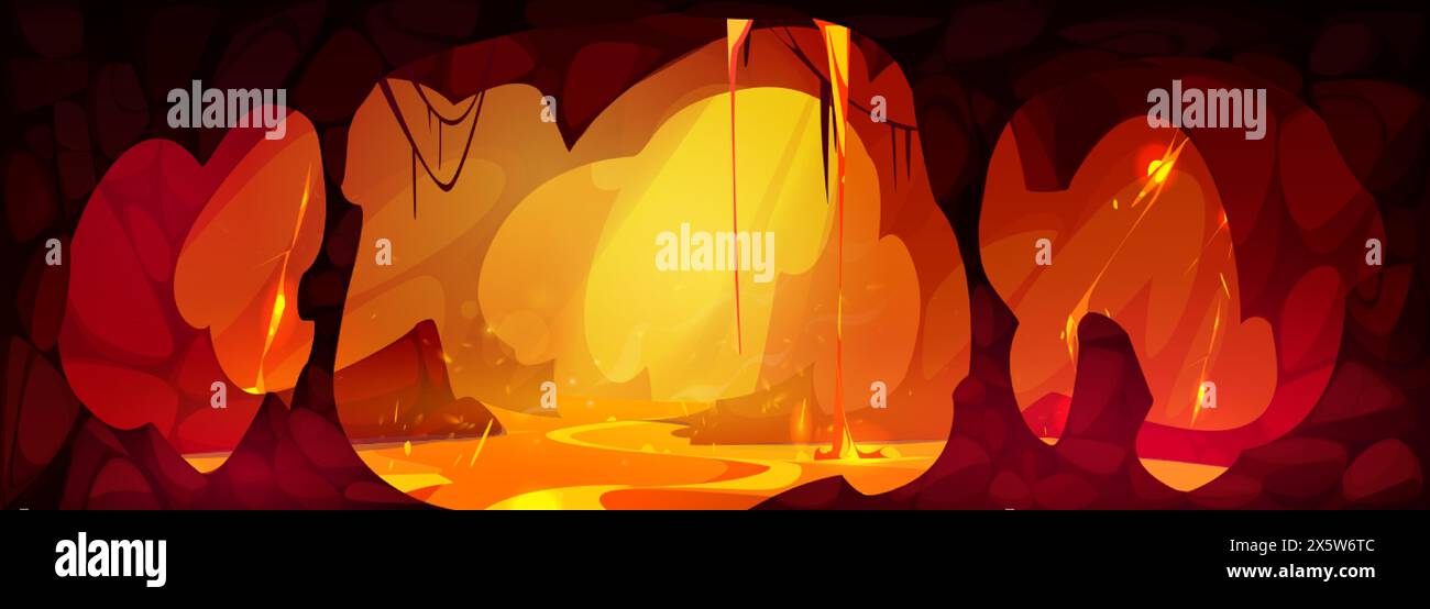Lava cave game background. Fantasy hell landscape. Fire magma and rock ...
