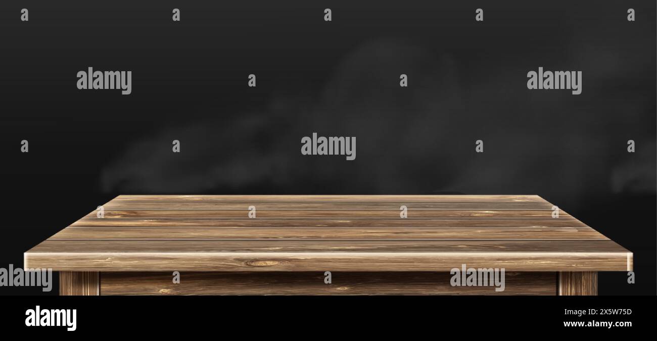 Wooden rustic table top on black background with smoke effect ...