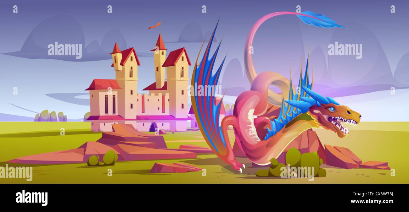 Medieval castle and fantasy dragon fairytale cartoon scene. Magic ...
