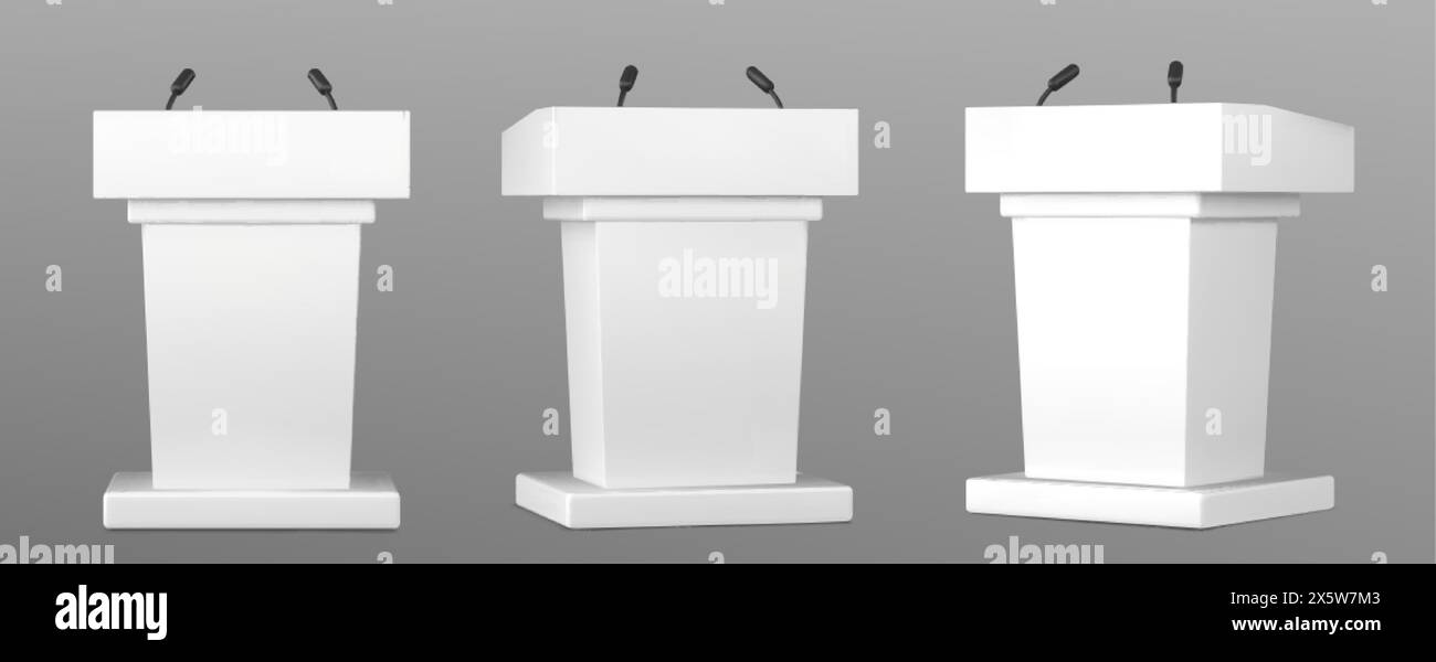 3d white pulpit speech podium with microphone. Rostrum speaker stand ...