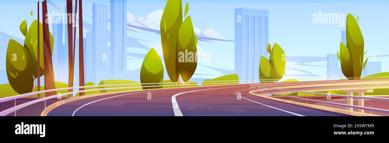 Curve bridge road lead to city with skyscrapers. Cartoon vector ...
