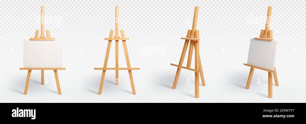 Wood easel stand with art board isolated vector mockup. 3d painter ...