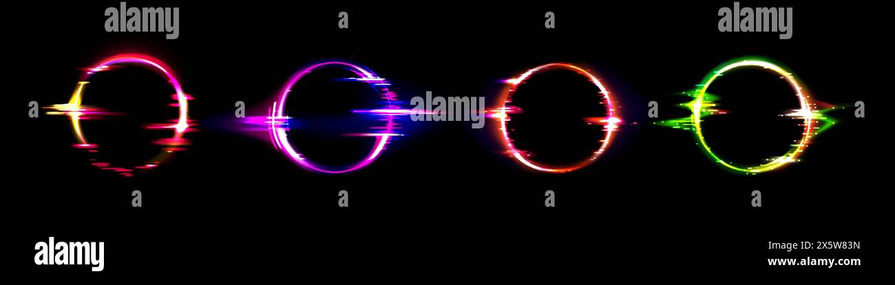 Neon circle frame with glitch effect. Realistic vector illustration set ...