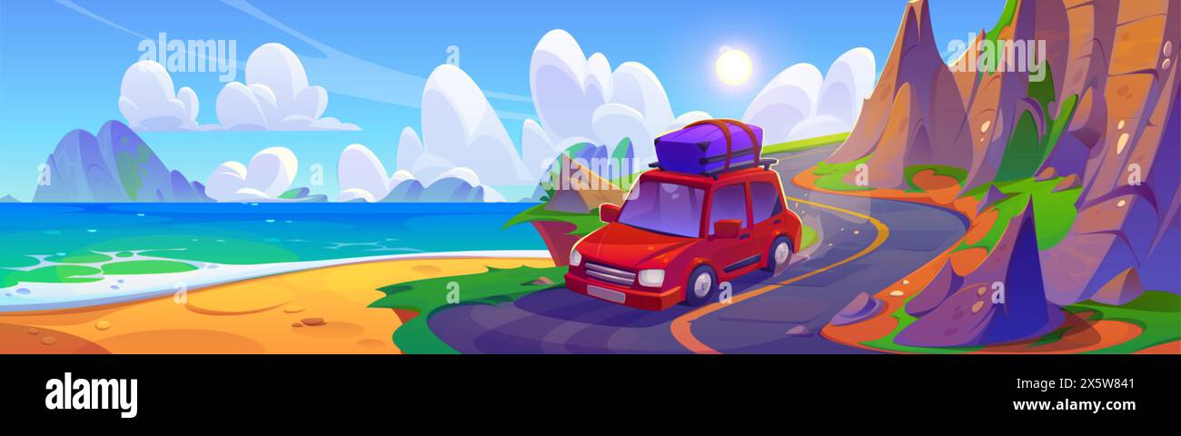 Summer car trip for sea beach vacation travel road. Family drive on ...