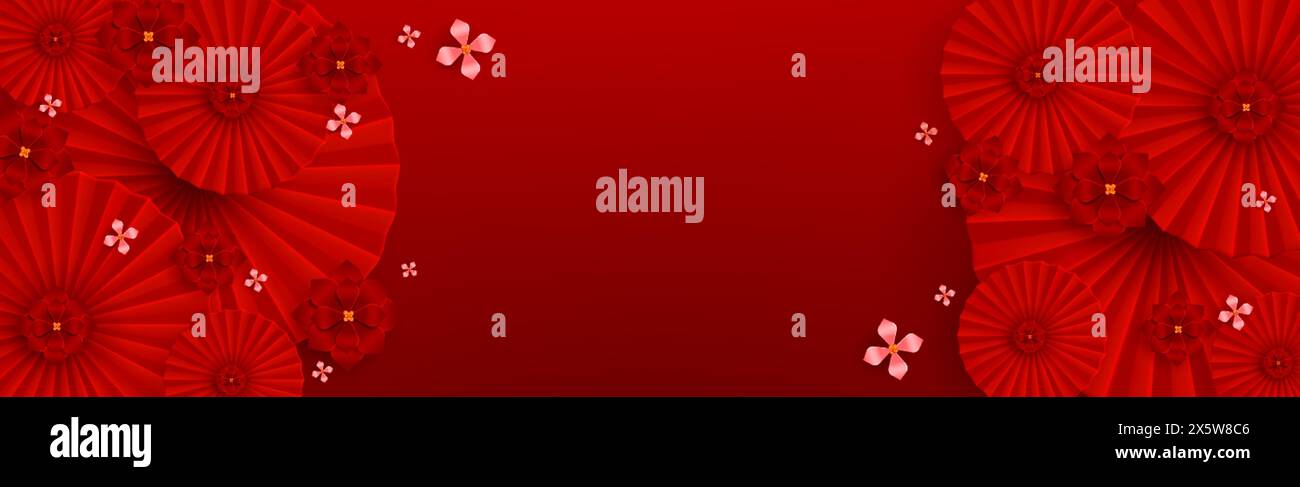Red background with asian paper flowers. Vector realistic illustration ...