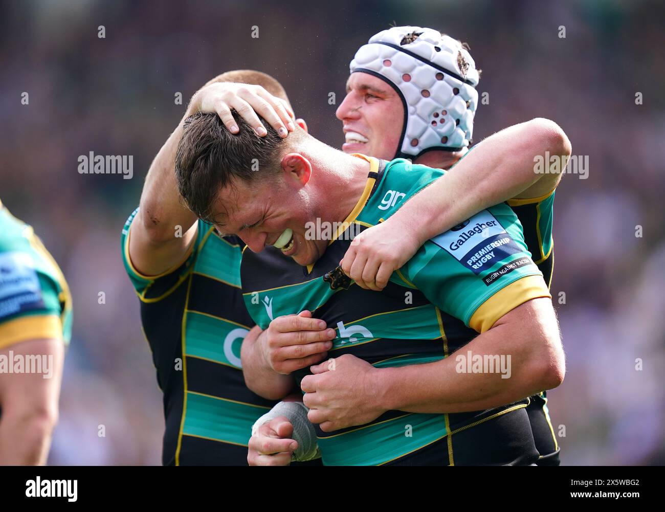 Northampton Saints' Alex Waller celebrates scoring their side's seventh ...