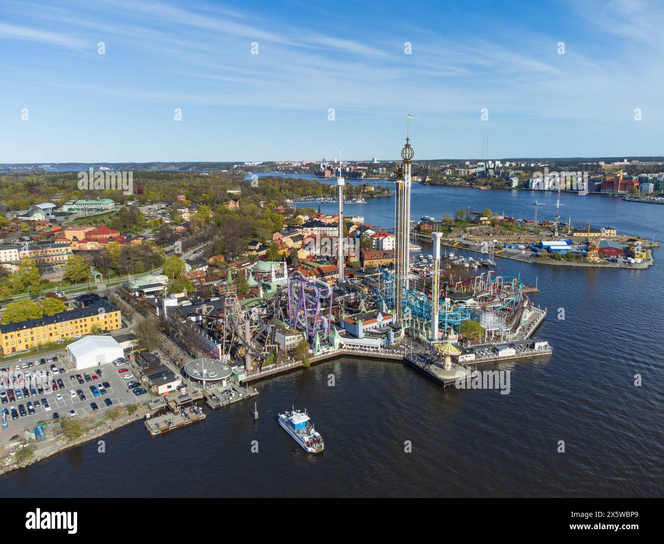 Gröna lund amusement park in Stockholm, Sweden, aerial view, commuter ...
