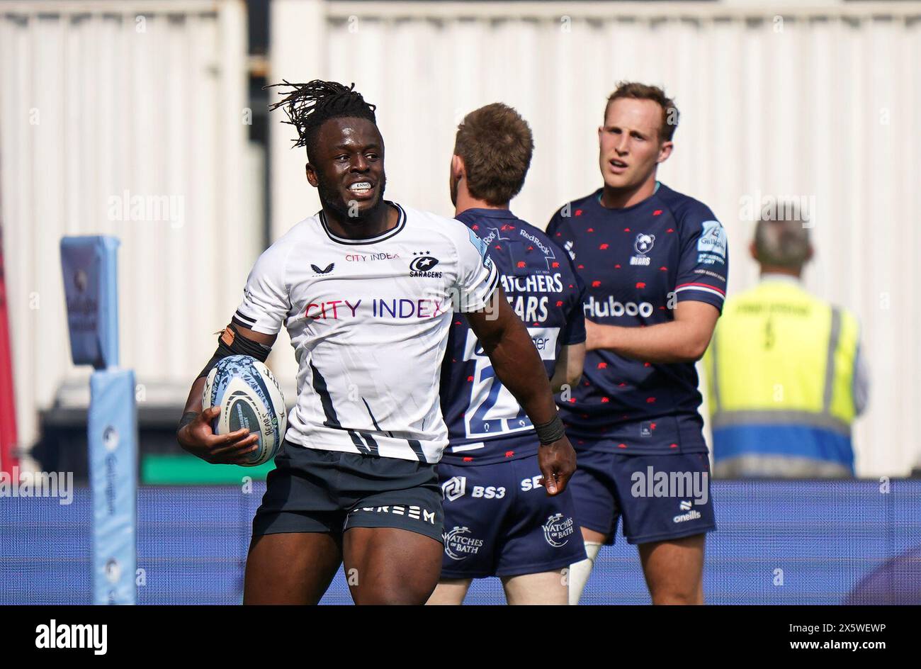 Saracens' Rotimi Segun celebrates scoring their side's third goal of ...