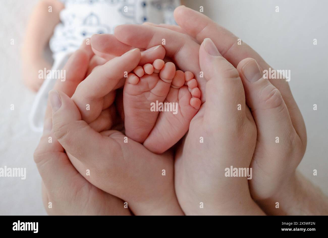 Parents Cradle Newborn Baby'S Tiny Legs In Their Hands Stock Photo - Alamy