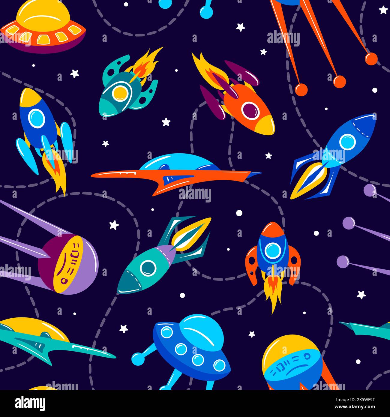 Bright multi-colored rockets in space, seamless background. Galaxy ...