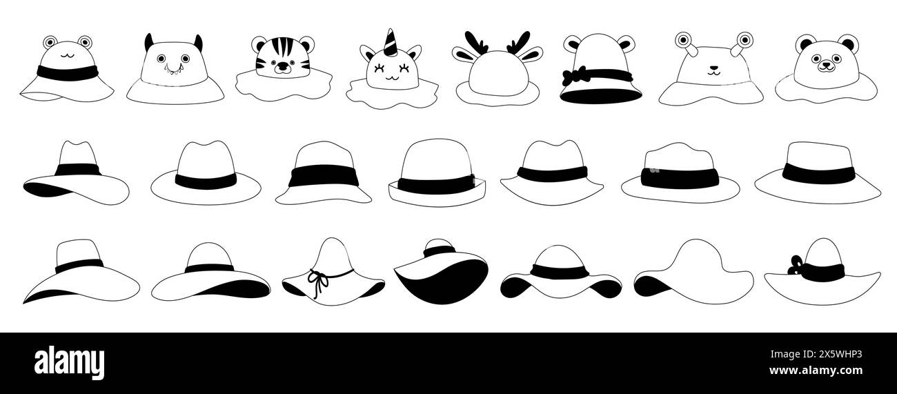 Black line icons.. Female,male and kids headwear, derby and cowboy, straw hat, panama. Summer ...