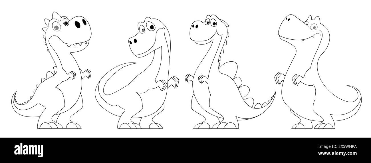 Set of cute dinosaurs, black lines coloring book. A funny and amusing ...